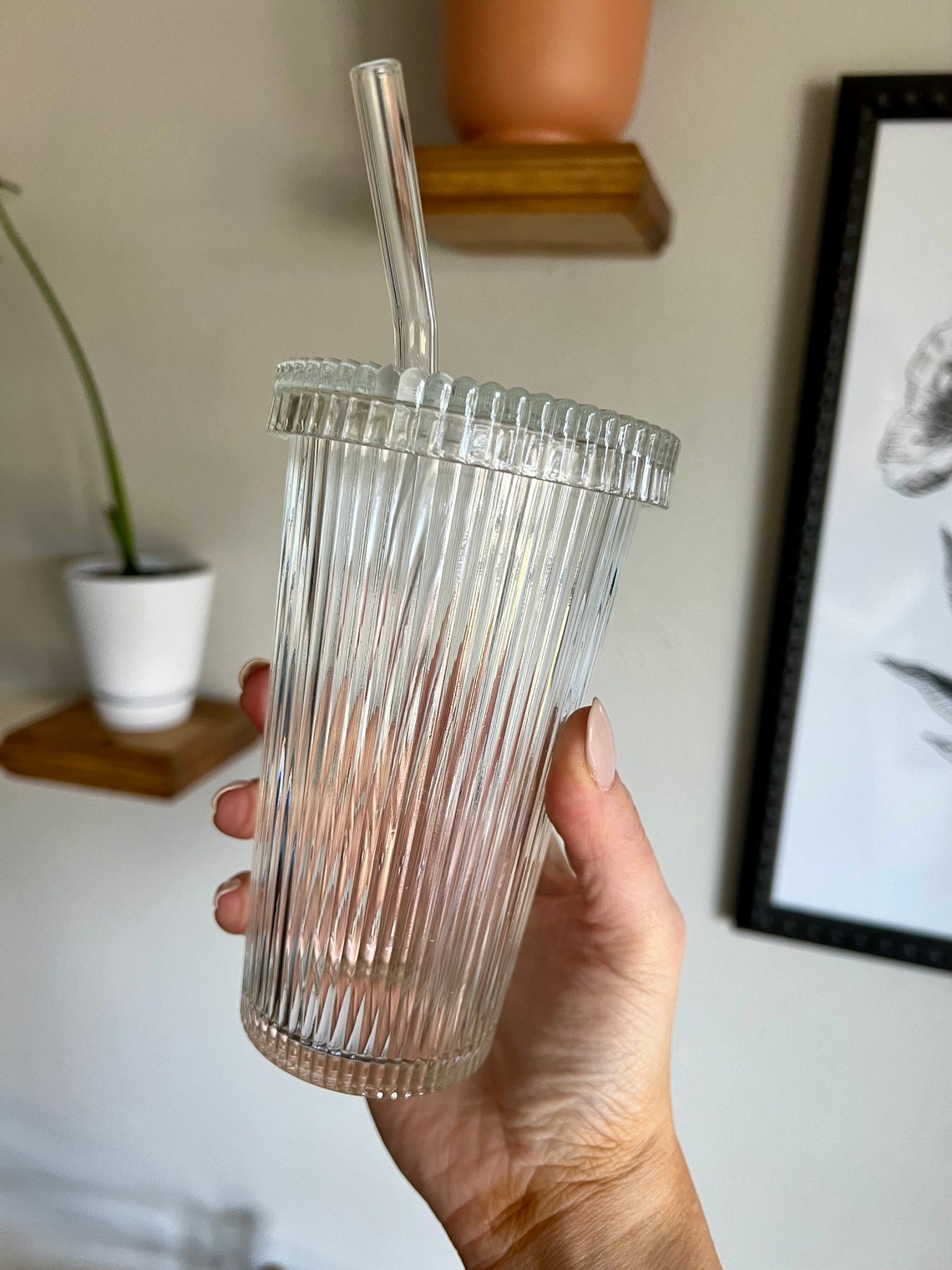 Vertical Striped Water Cup, Glass Lid and Straw Cup Set, Glass Cup ...