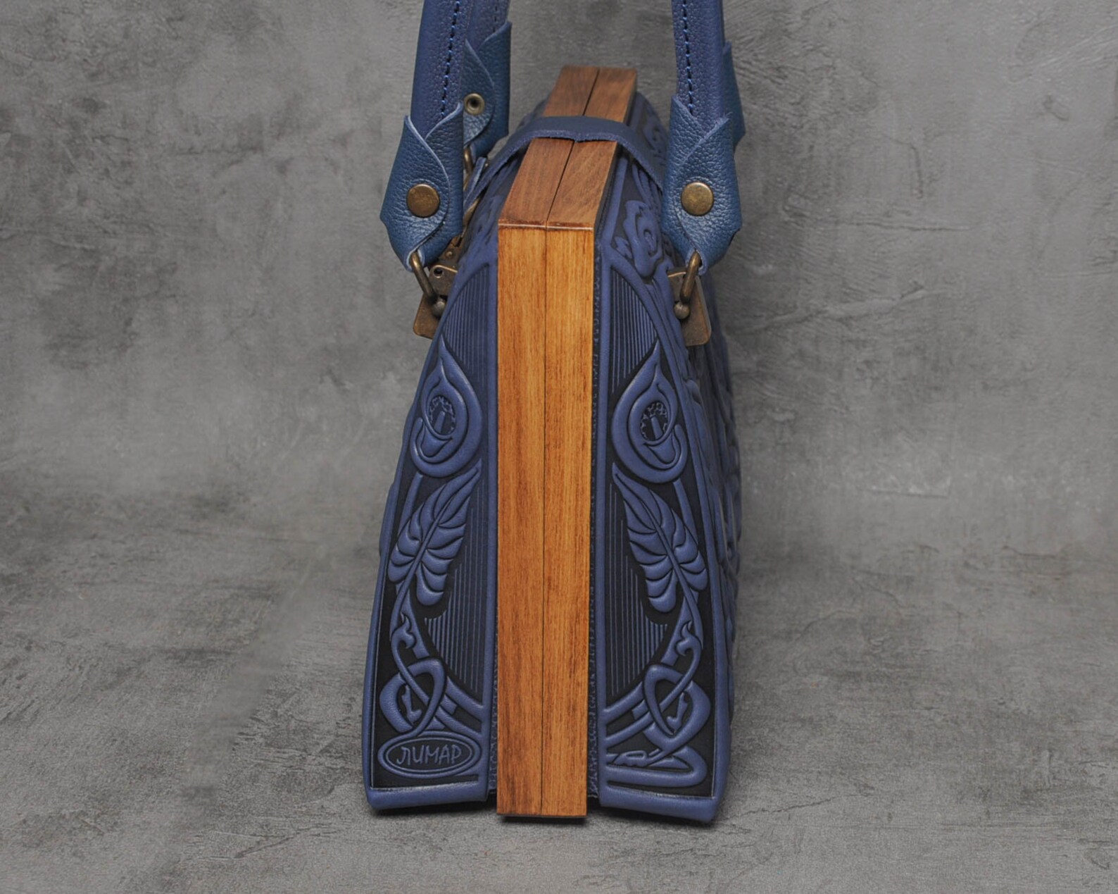 Blue Leather Evening Purse Leather Purse With Wooden Frame - Etsy