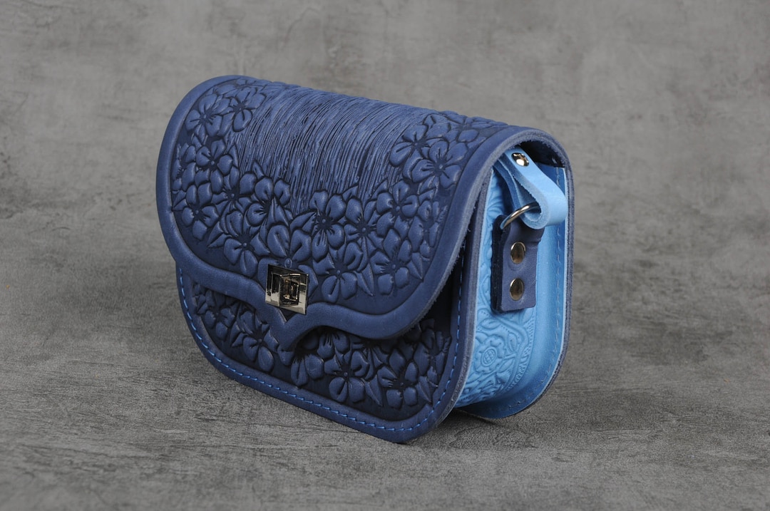Blue Shoulder Bag, Blue Leather Mini Purse, Embossed Leather Crossbody ...