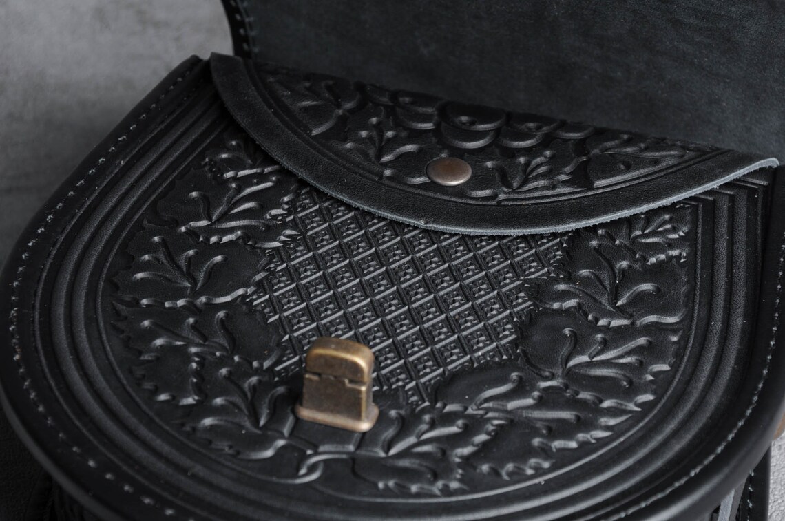 Black Bag With Metal Round Leather Bag Embossed Bag Black - Etsy
