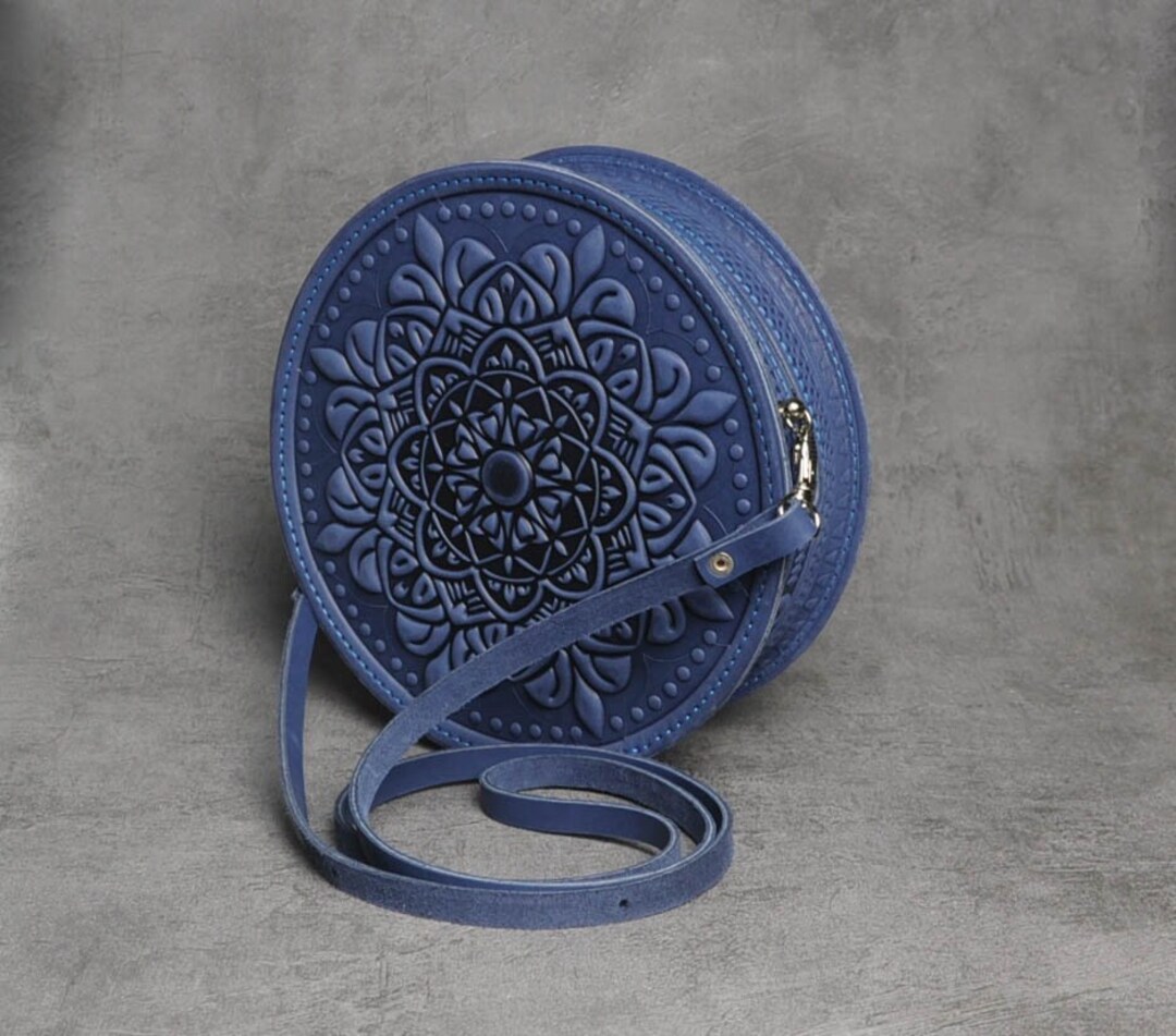 Blue Round Bag, Women Round Bags, Blue Leather Purse, Leather Evening ...
