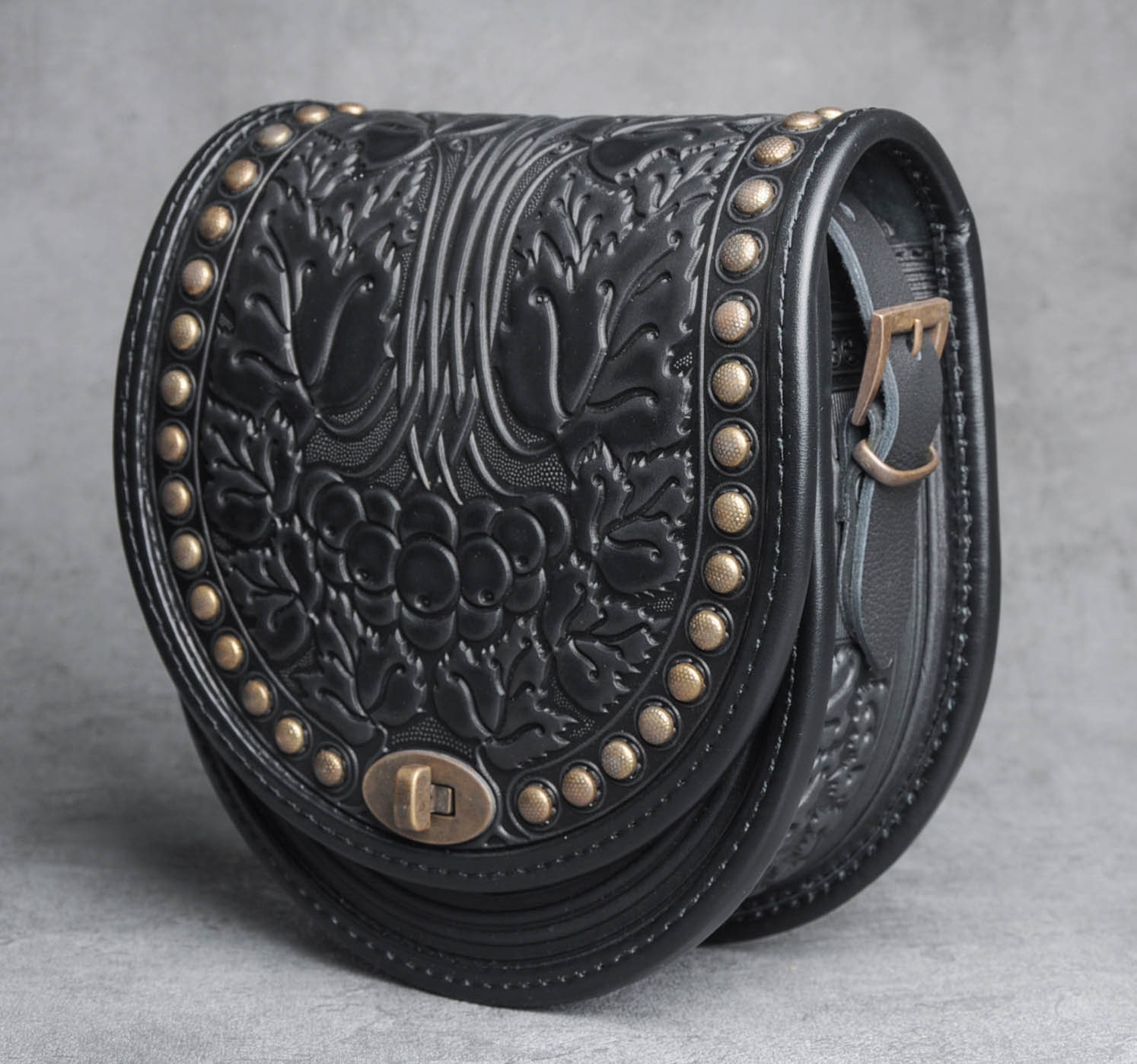 Black Bag With Metal Round Leather Bag Embossed Bag Black - Etsy