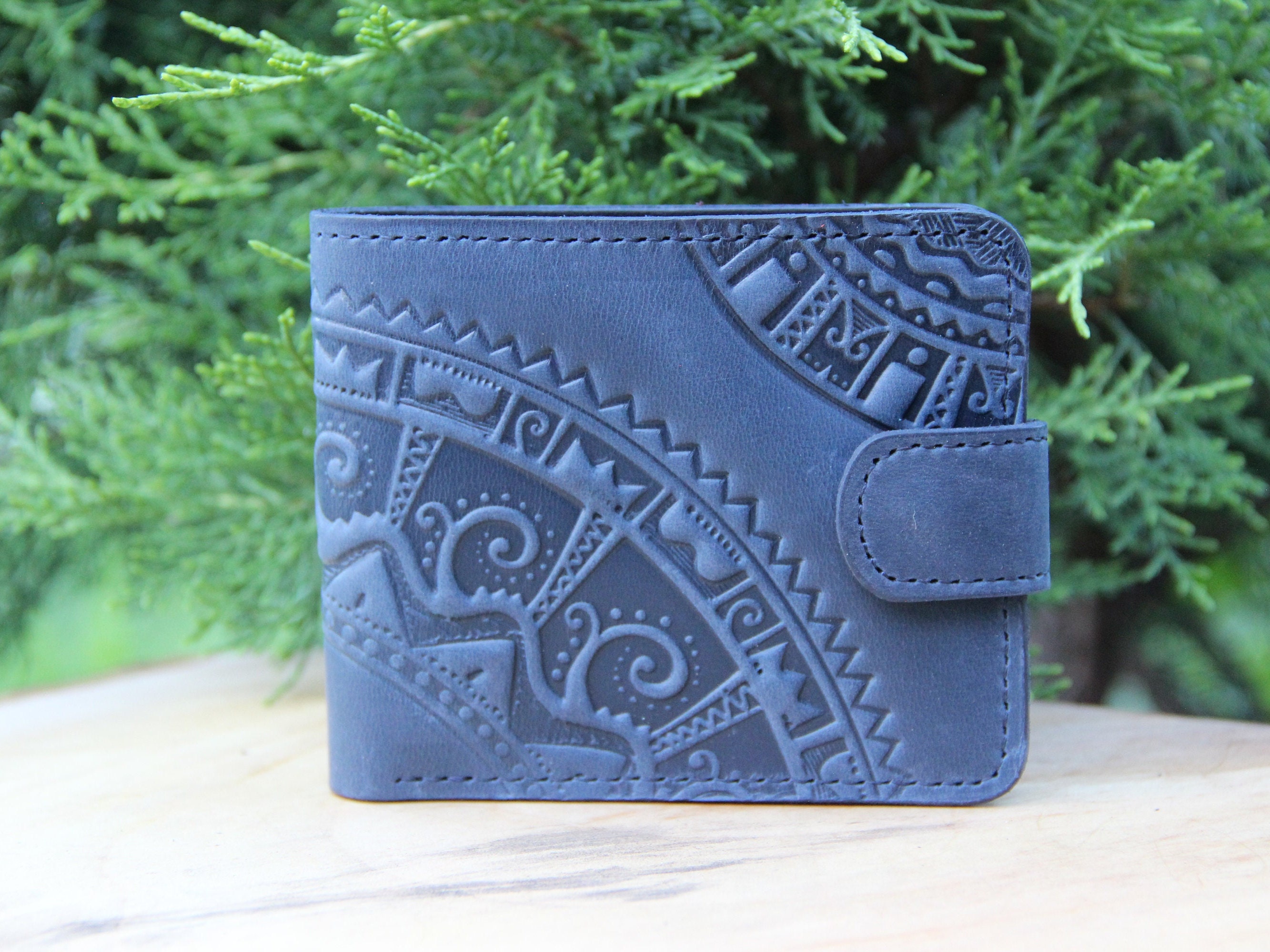 Embossed Blue Leather Billfold Wallet: Handmade Pocket Wallet - Etsy