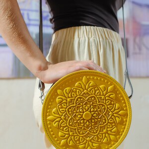 Yellow Round Bag, Yellow Leather Purse, Women Round Bags, Leather ...