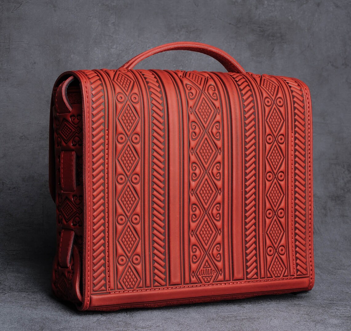 Red leather satchel bag genuine leather bag embossed leather | Etsy