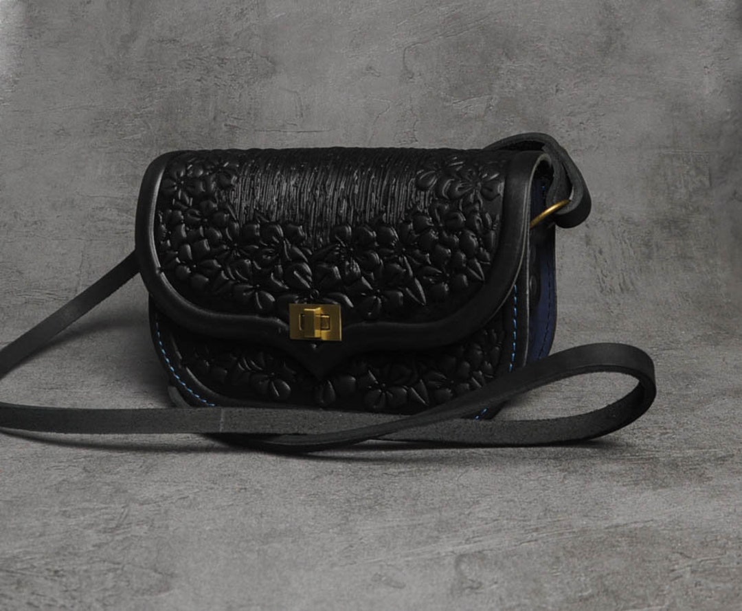 Black Leather Mini Purse, Black Shoulder Bag, Embossed Leather ...