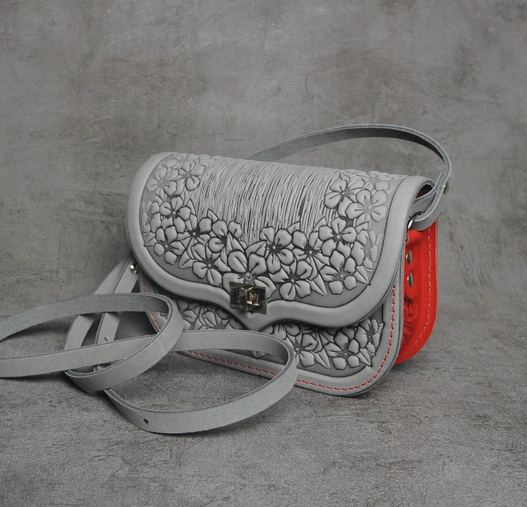 Small Gray Bag, Gray Shoulder Bag, Gray Leather Mini Purse, Embossed ...