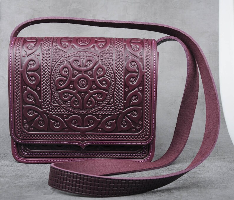 Big leather purse purple messenger bag hot tooled purse | Etsy