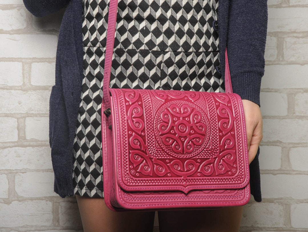Pink Leather Purse, Pink Messenger Bag, Hot Tooled Purse, Large ...