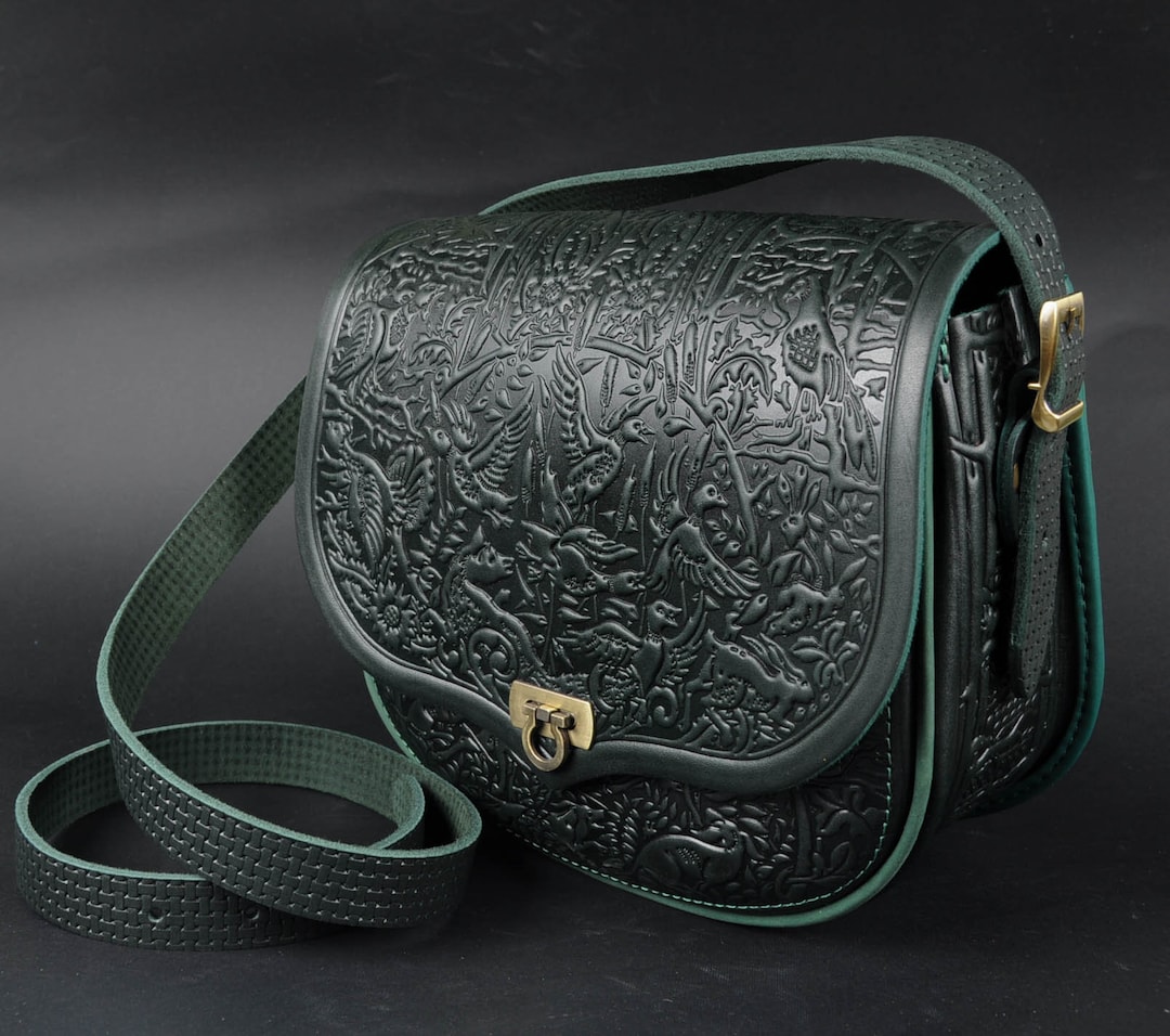 Green Leather Bag Crossbody Women's, Genuine Leather Embossed Purse ...