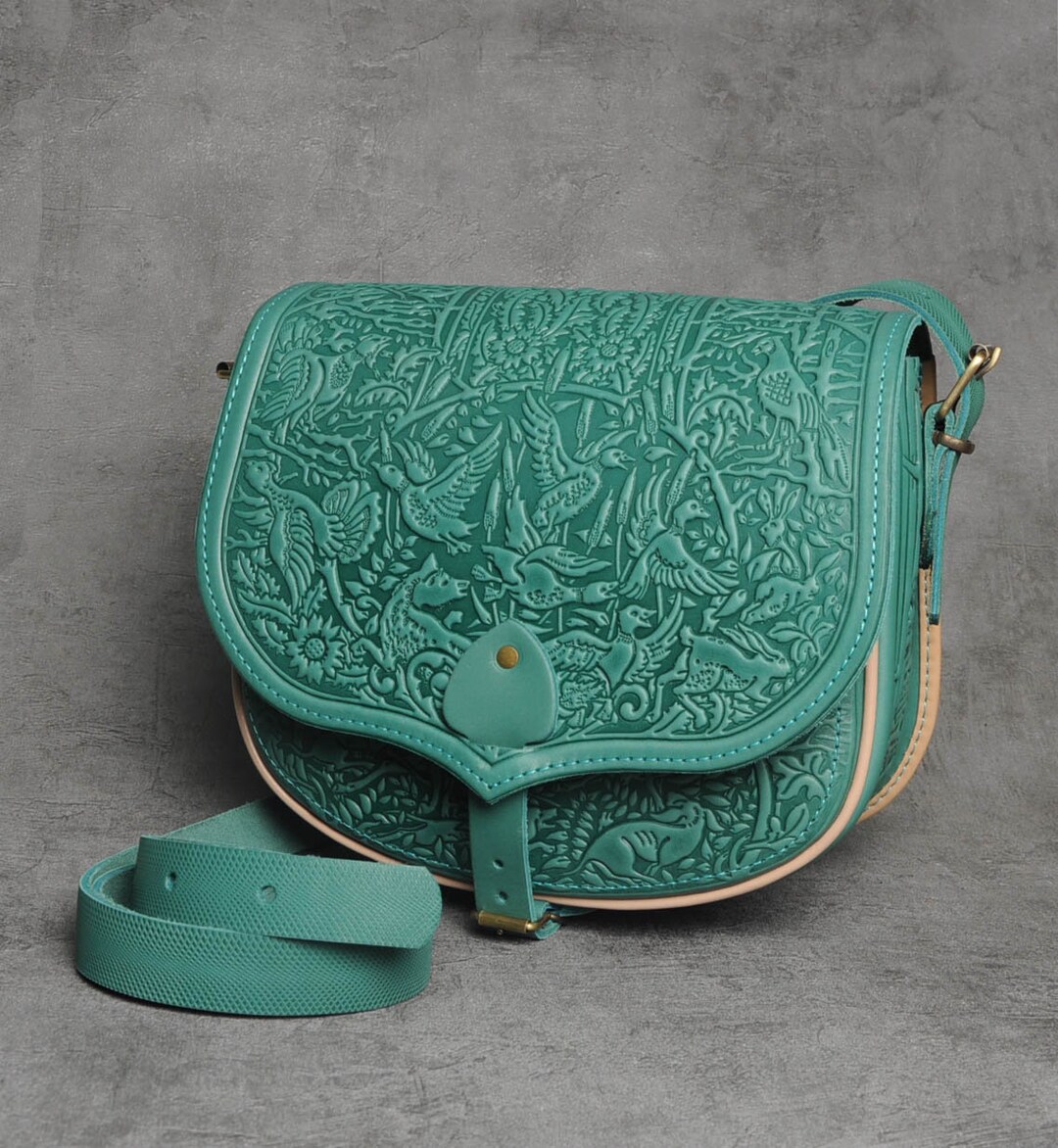 Turquoise Leather Bag, Big Leather Purse, Hot Tooled Purse, Turquoise ...