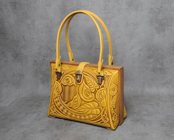 Yellow Leather Evening Purse Leather Purse With Wooden Frame - Etsy