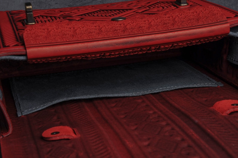 Red leather satchel bag genuine leather bag embossed leather | Etsy