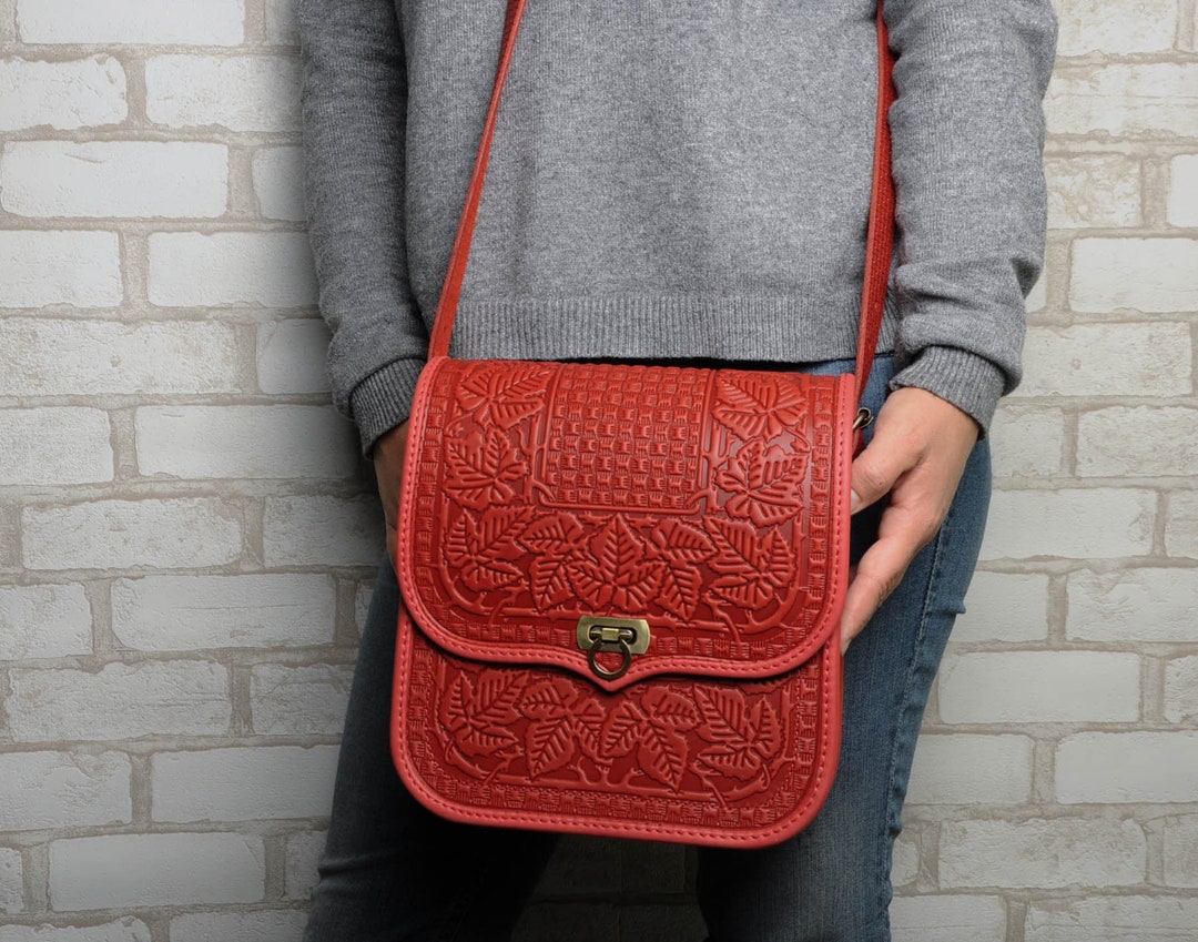 Red Crossbody Bag, Leather Purse, Red Leather Bag, Embossed Leather Bag ...