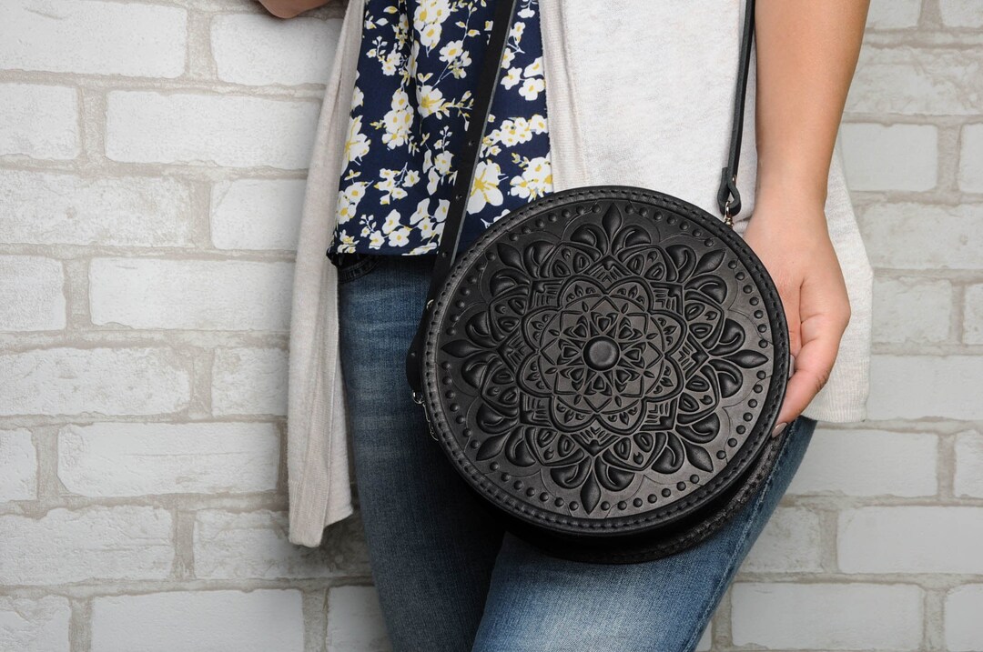 Leather Evening Bag, Black Round Purse, Round Leather Bag, Black ...