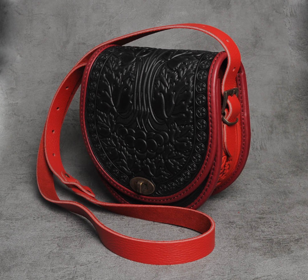 Embossed Leather Crossbody Bag: Red & Black Round Purse - Etsy