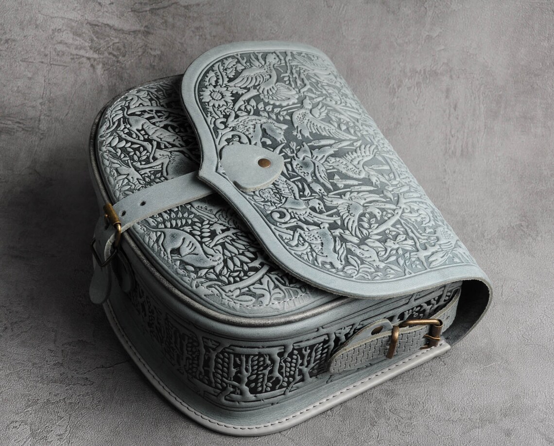 Gray leather bag big leather purse hot tooled purse gray | Etsy