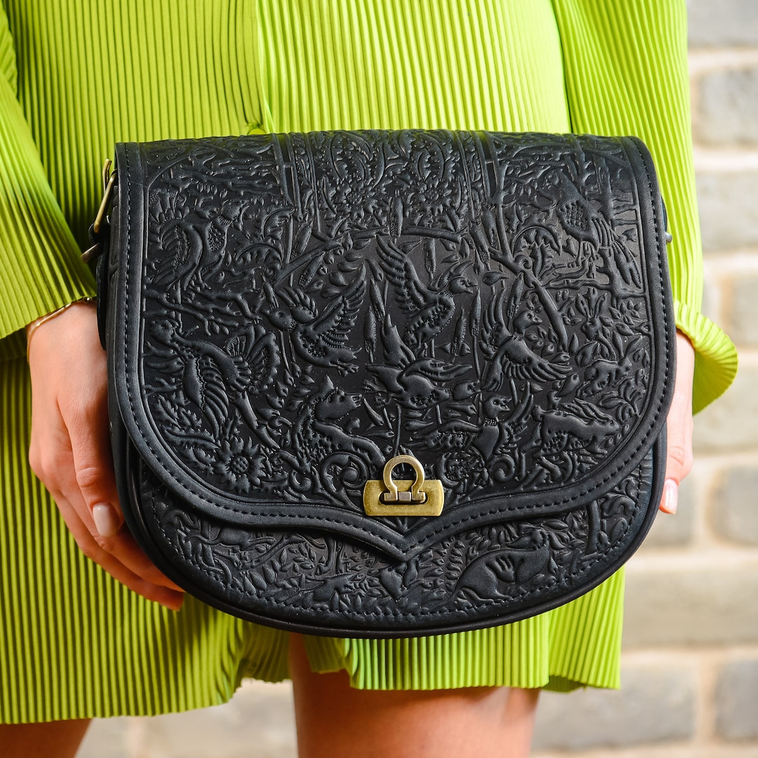 Black Leather Bag Crossbody Women, Genuine Leather Embossed Purse Over ...