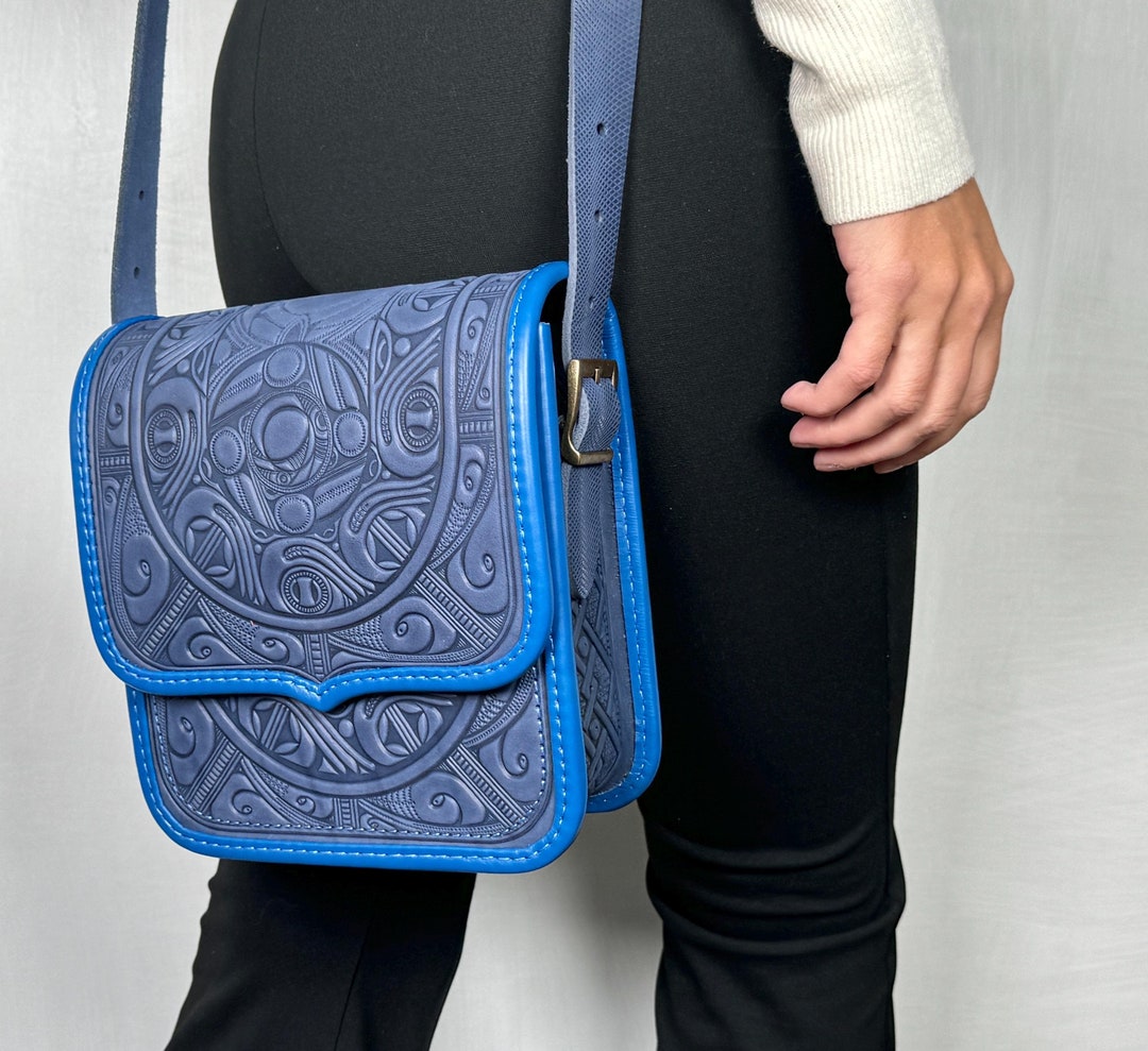Embossed Blue Leather Crossbody Bag: Hot Tooled Shoulder Bag - Etsy
