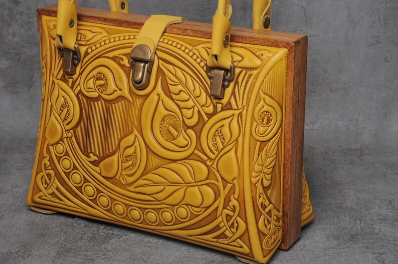 Yellow Leather Evening Purse Leather Purse With Wooden Frame - Etsy