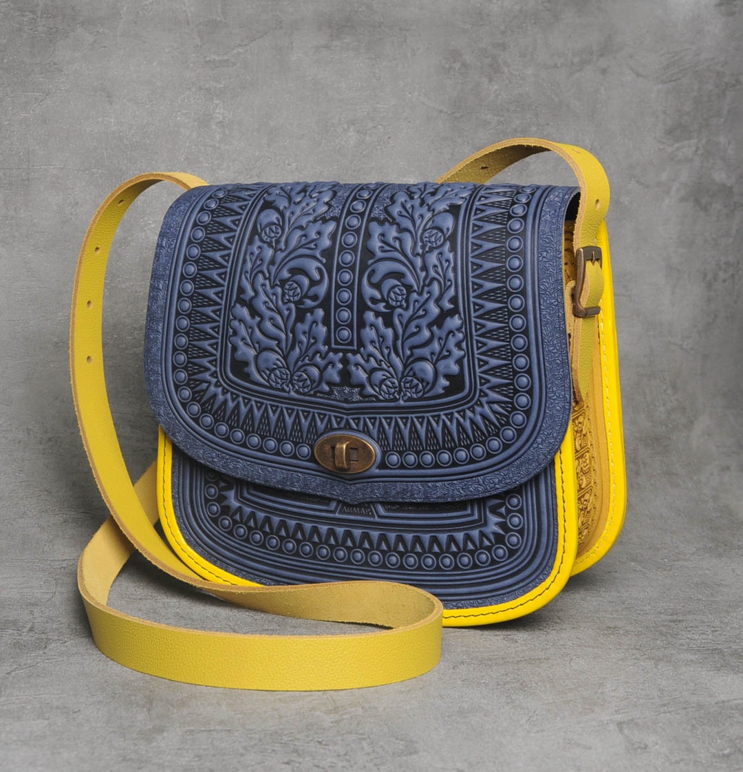 Blue/yellow Messenger Bag, Genuine Leather Bag, Big Leather Bag, Tooled ...