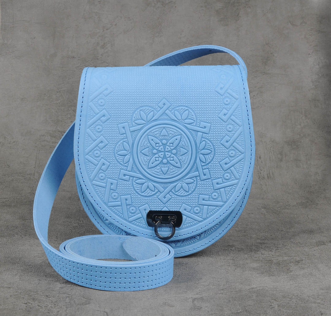 Light Blue Embossed Leather Shoulder Bag, Round Crossbody Genuine ...