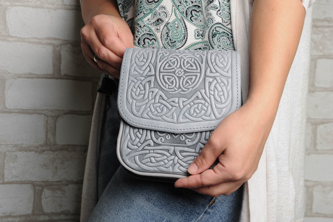 Gray Mini Purse, Leather Small Bag, Small Crossbody Bag, Hot Tooled ...