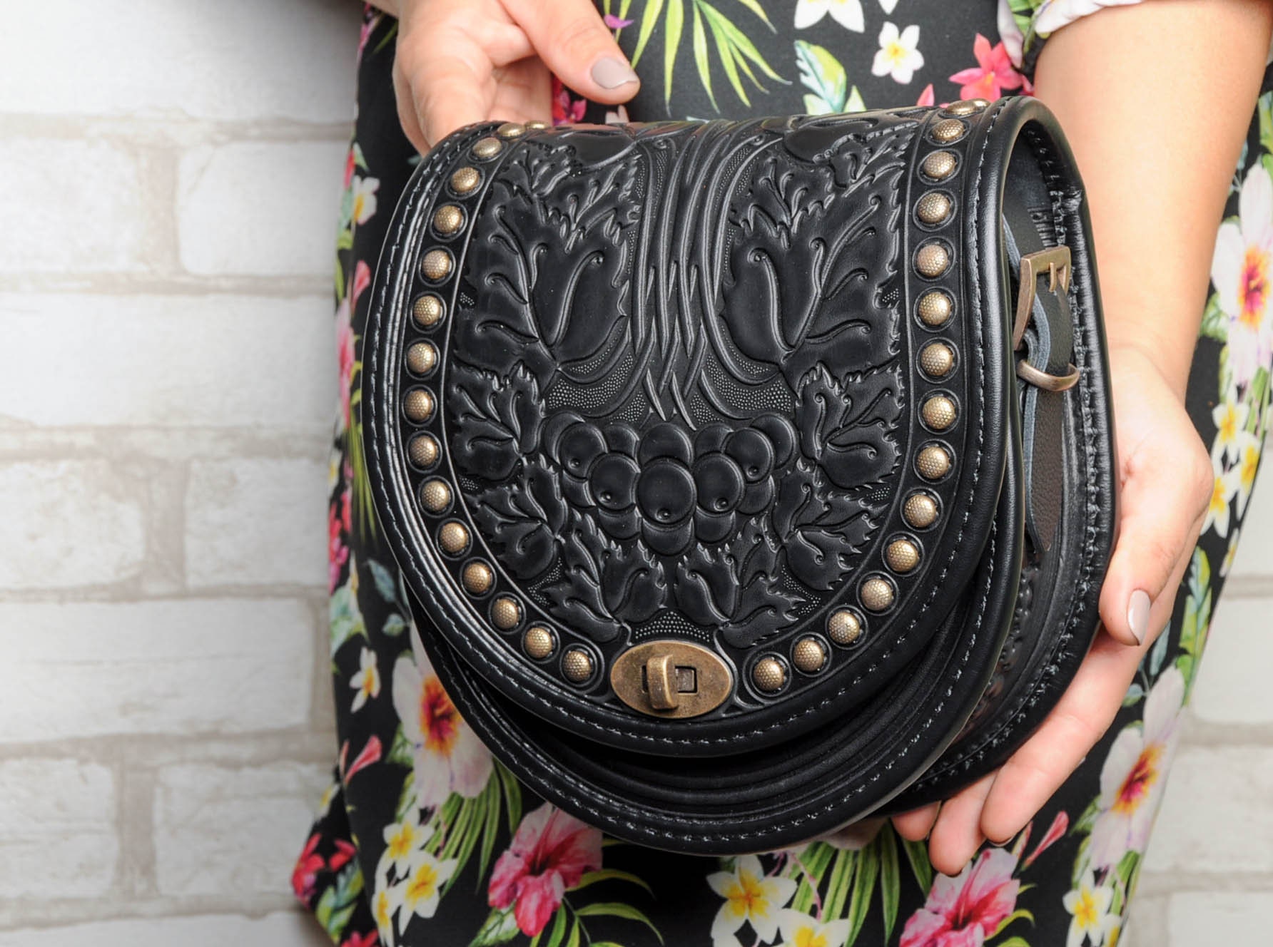 Black Bag With Metal Round Leather Bag Embossed Bag Black - Etsy