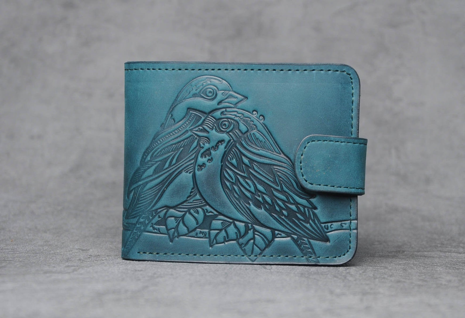 Leather wallet Birds embossed leather small wallet teal | Etsy