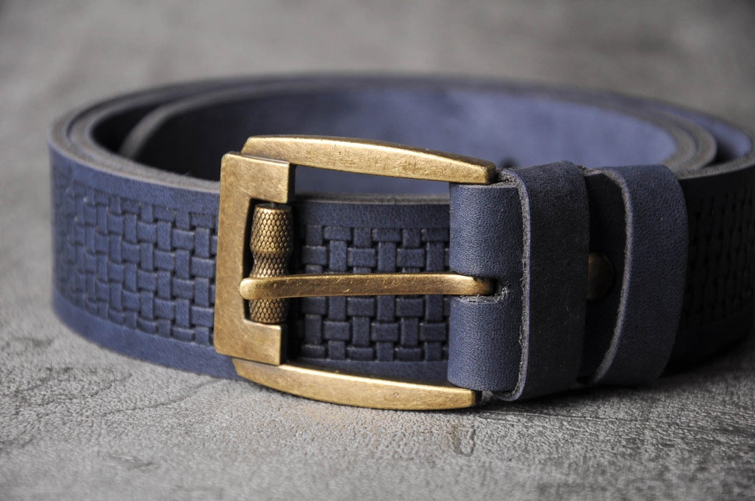 Blue Leather Belt, Genuine Leather Belt, Embossed Leather Belt, Mens ...