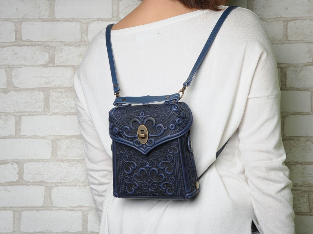 Blue Leather Backpack, Small Boho Packpack, Leather Backpack Women ...