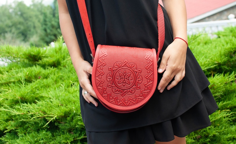Round Crossbody Bag Shoulder Leather Bag Red Leather Purse | Etsy