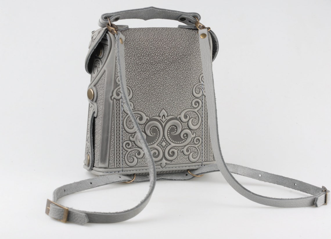 Gray leather backpack small boho packpack leather backpack | Etsy