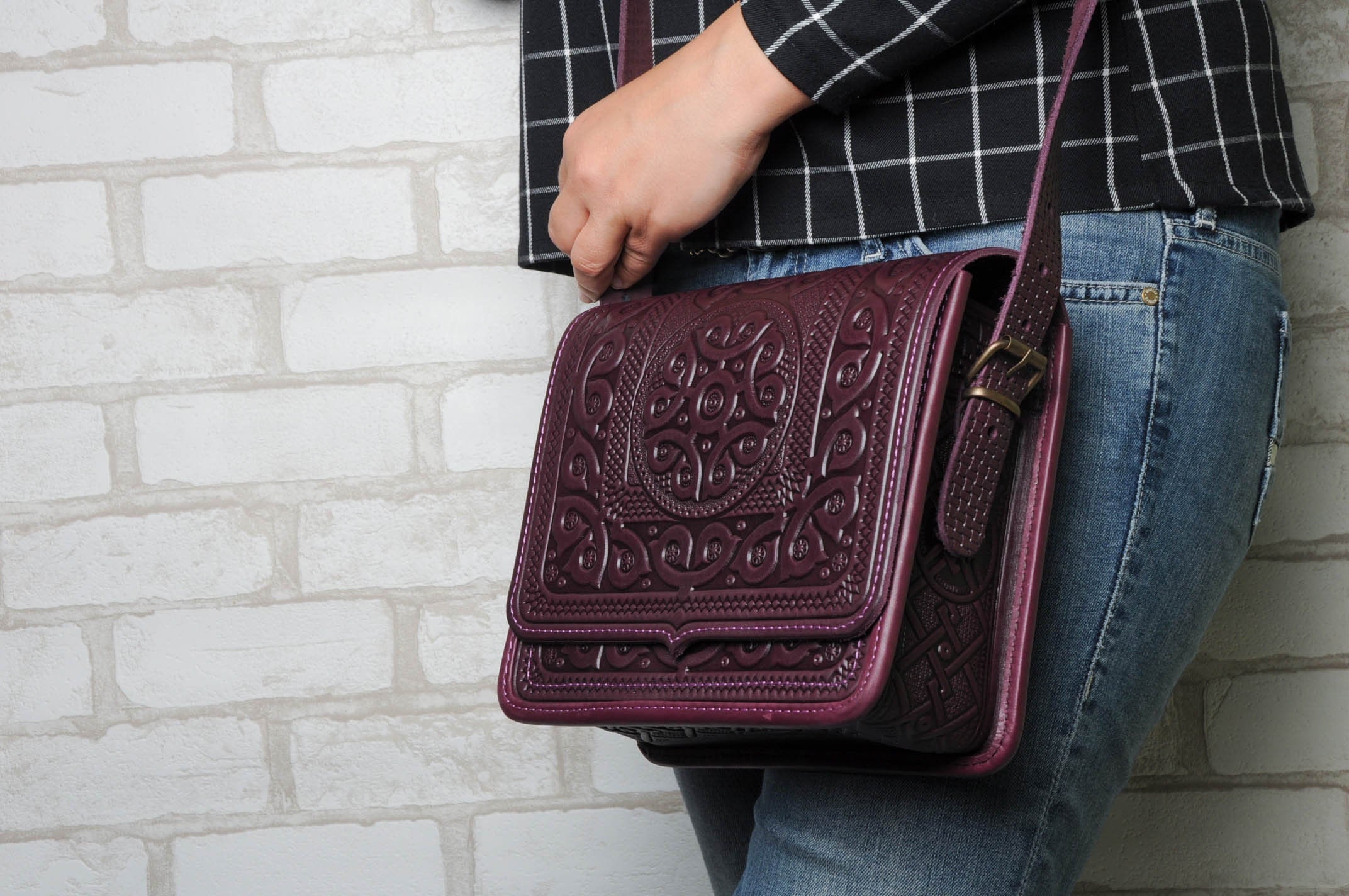 Big leather purse purple messenger bag hot tooled purse | Etsy