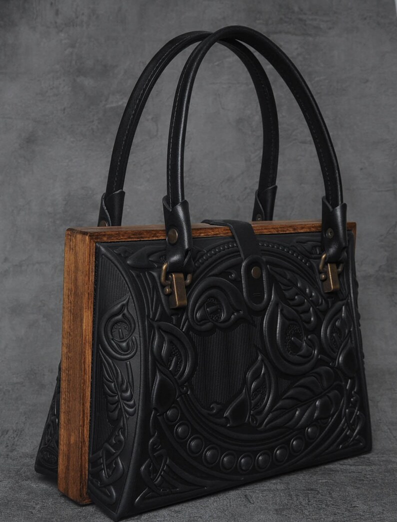 Black Leather Evening Purse Leather Purse With Wooden Frame - Etsy