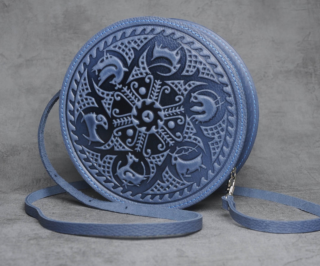 Blue Round Bag, Blue Leather Purse, Women Round Bags, Leather Evening ...