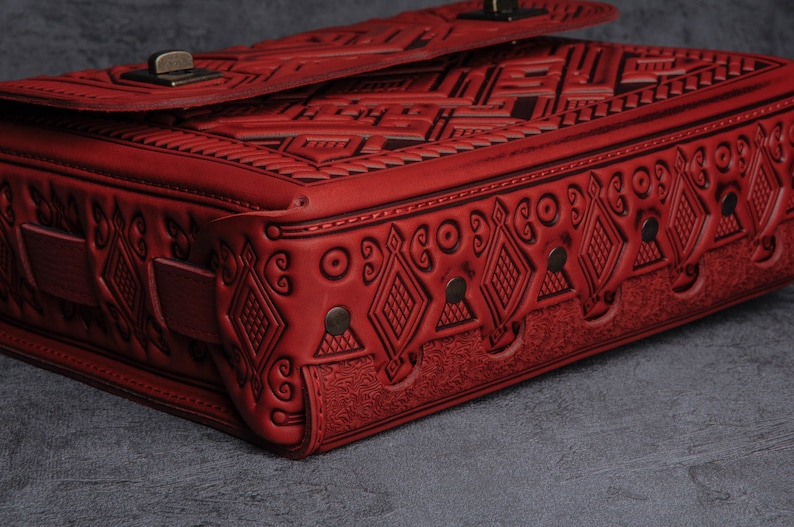 Red leather satchel bag genuine leather bag embossed leather | Etsy