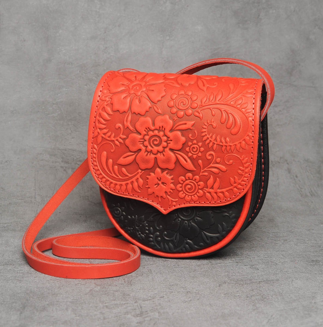 Leather Mini Purse, Small Feminine Bag, Red/black Small Bag, Hot Tooled ...