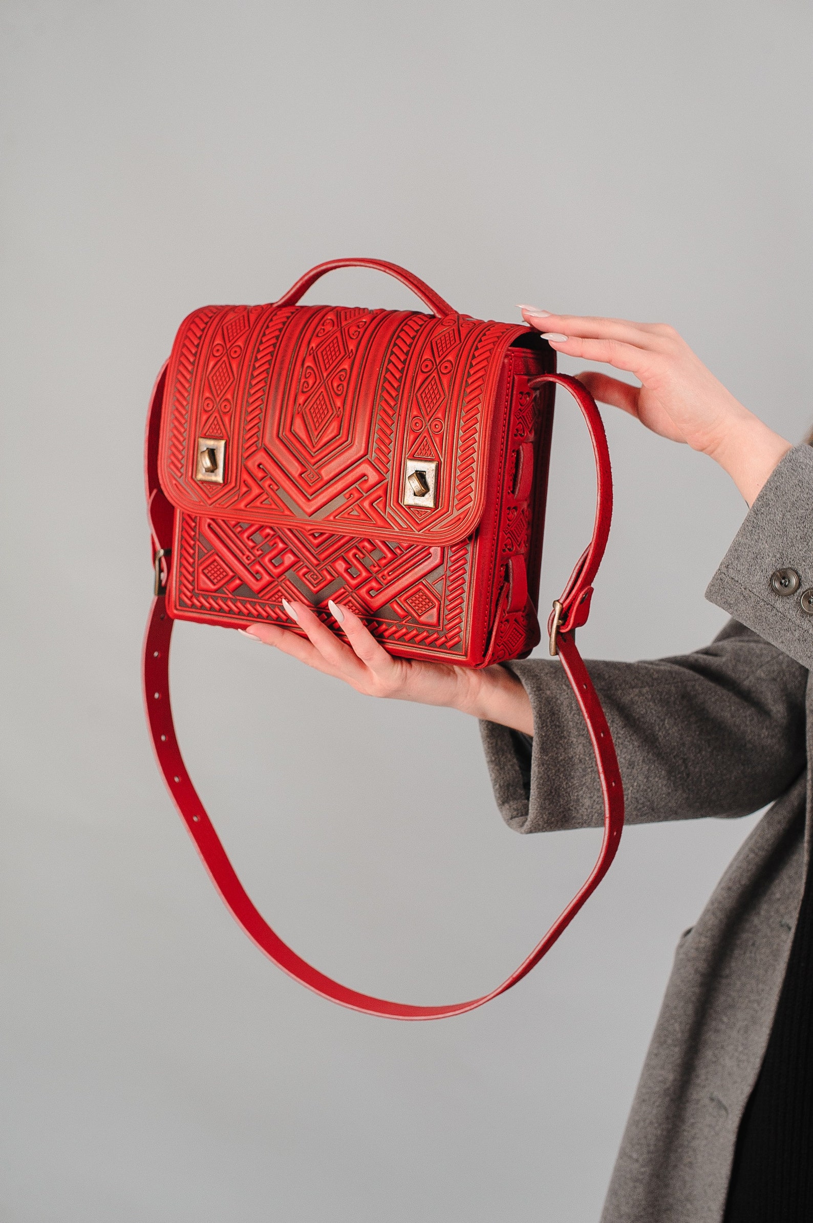 Red Leather Satchel Bag Genuine Leather Bag Embossed Leather - Etsy