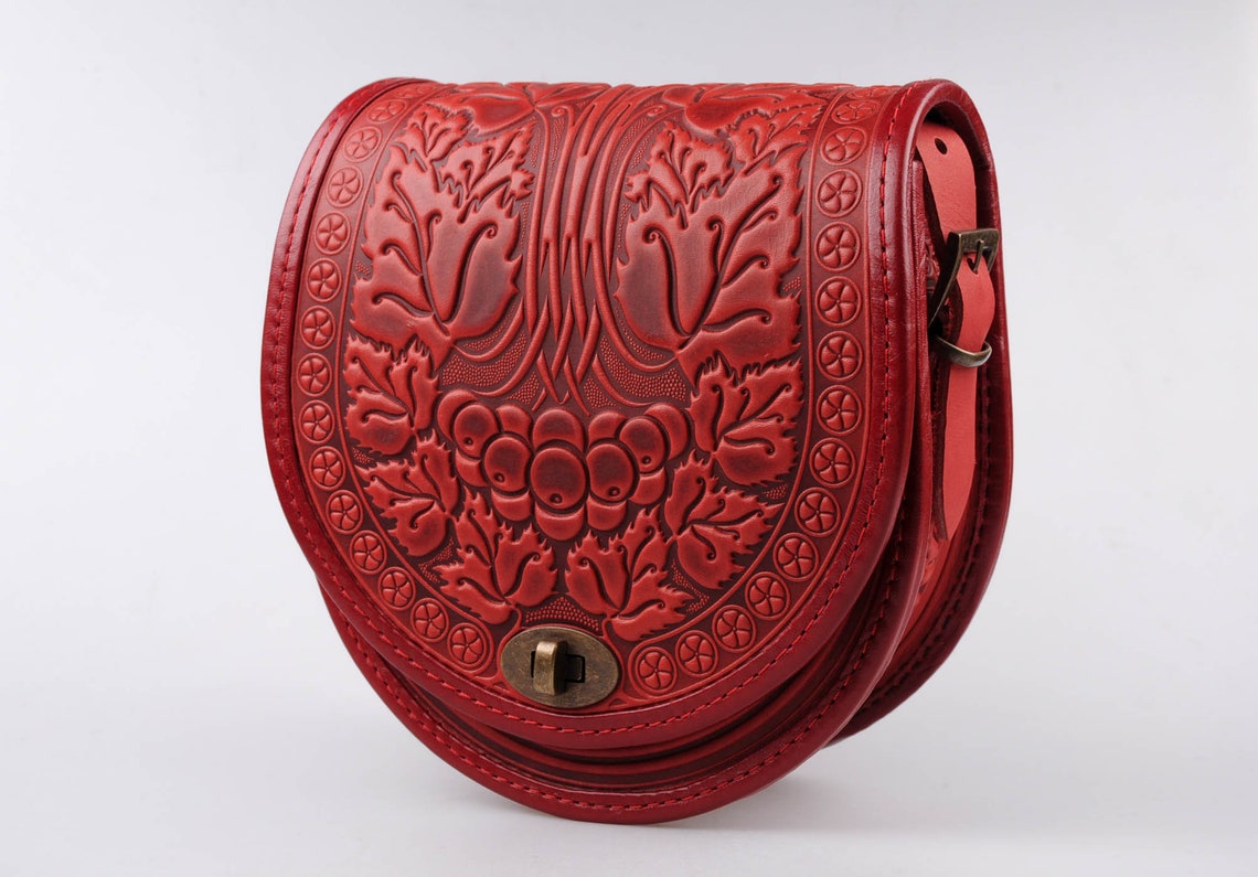 Embossed Red Leather Crossbody Bag: Tooled Round Shoulder Purse - Etsy