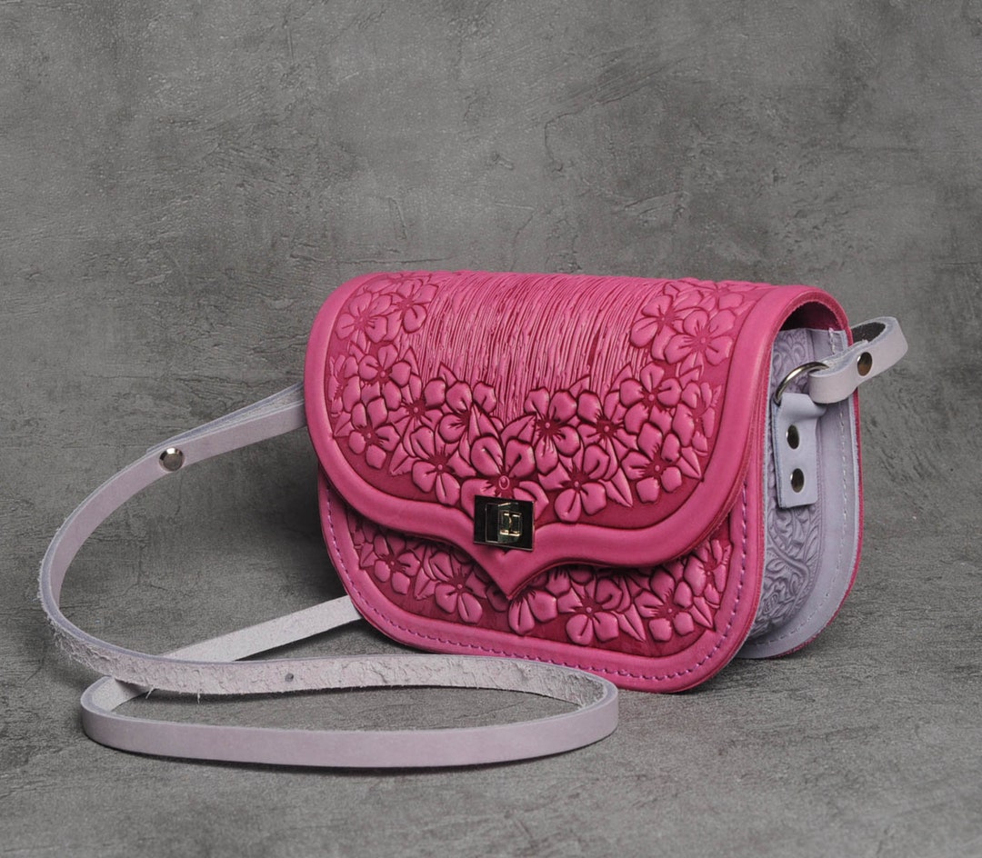 Small Pink Bag, Pink Shoulder Bag, Pink Leather Mini Purse, Embossed ...