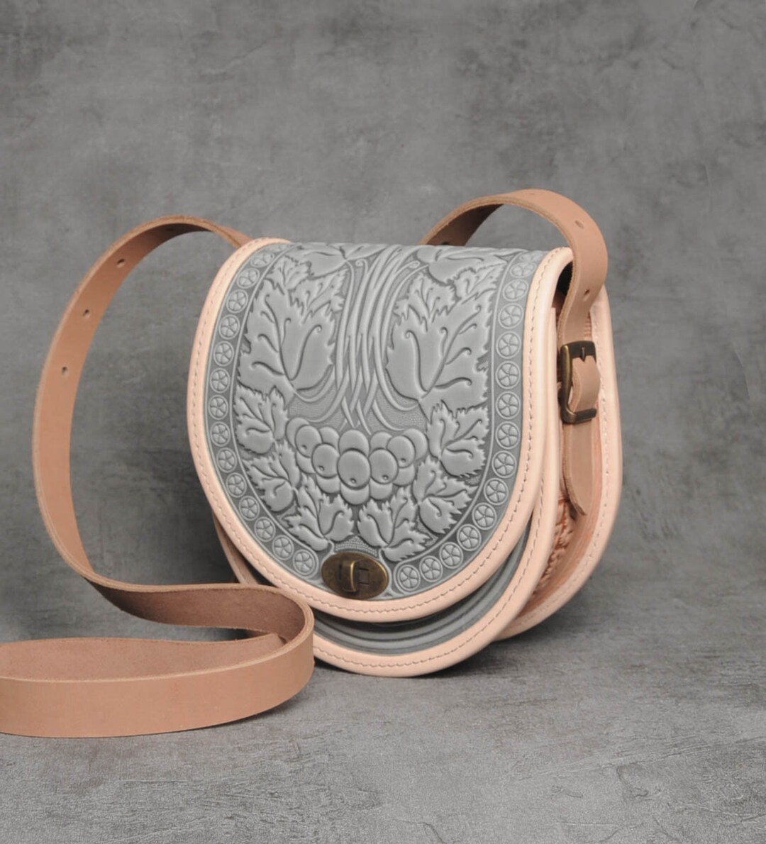 Gray/beige Crossbody Bag, Round Leather Bag, Gray Leather Purse, Gray ...