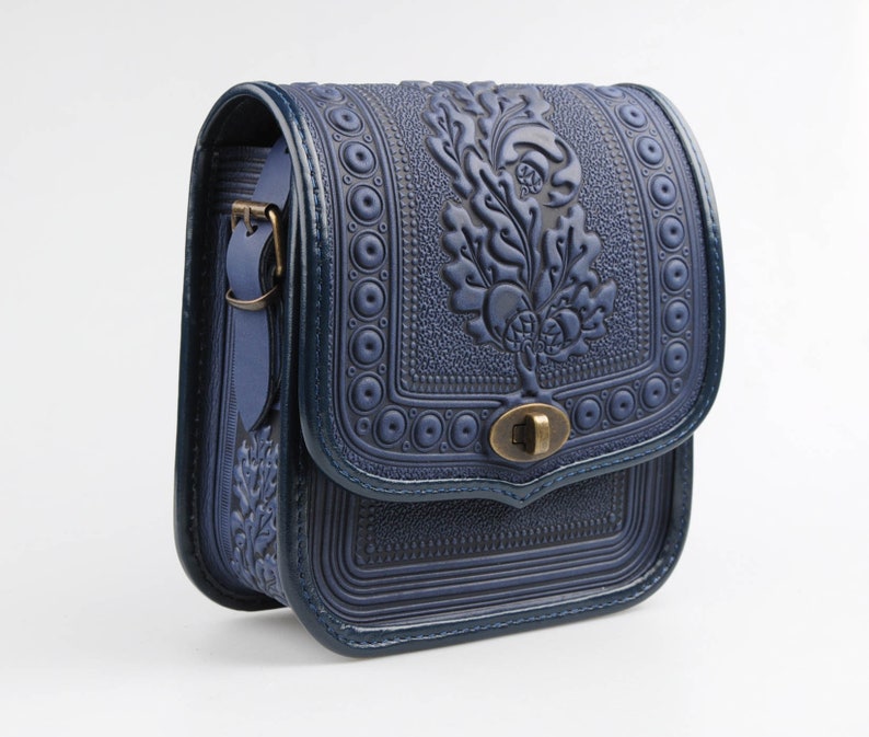 Blue leather purse hot tooled leather embossed leather bag | Etsy