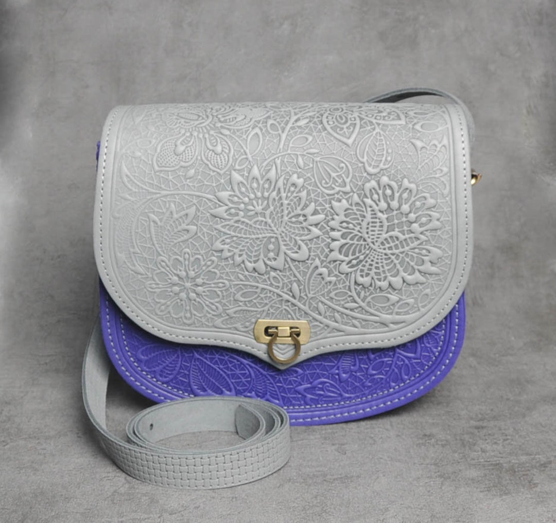 Gray Leather Crossbody Bag With Flower Embossing, Genuine Leather Gray ...