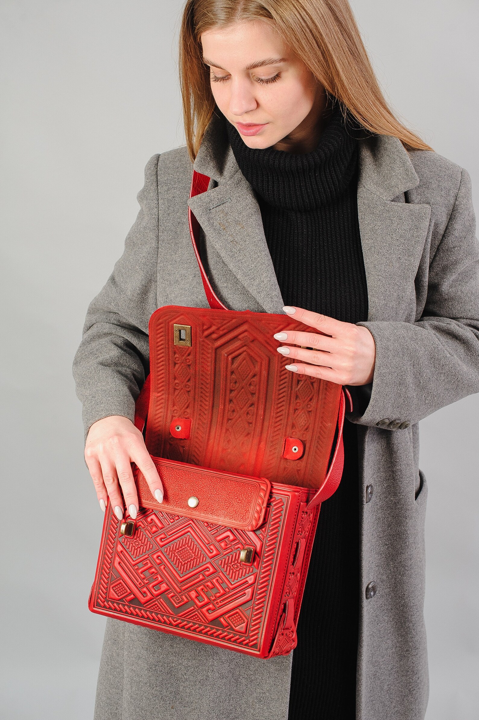 Red Leather Satchel Bag Genuine Leather Bag Embossed Leather - Etsy