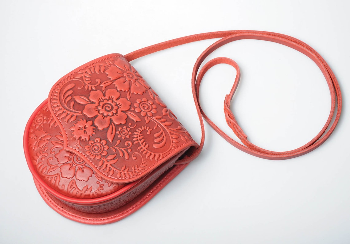 Red Leather Mini Purse: Hot Tooled Embossed Shoulder Bag - Etsy