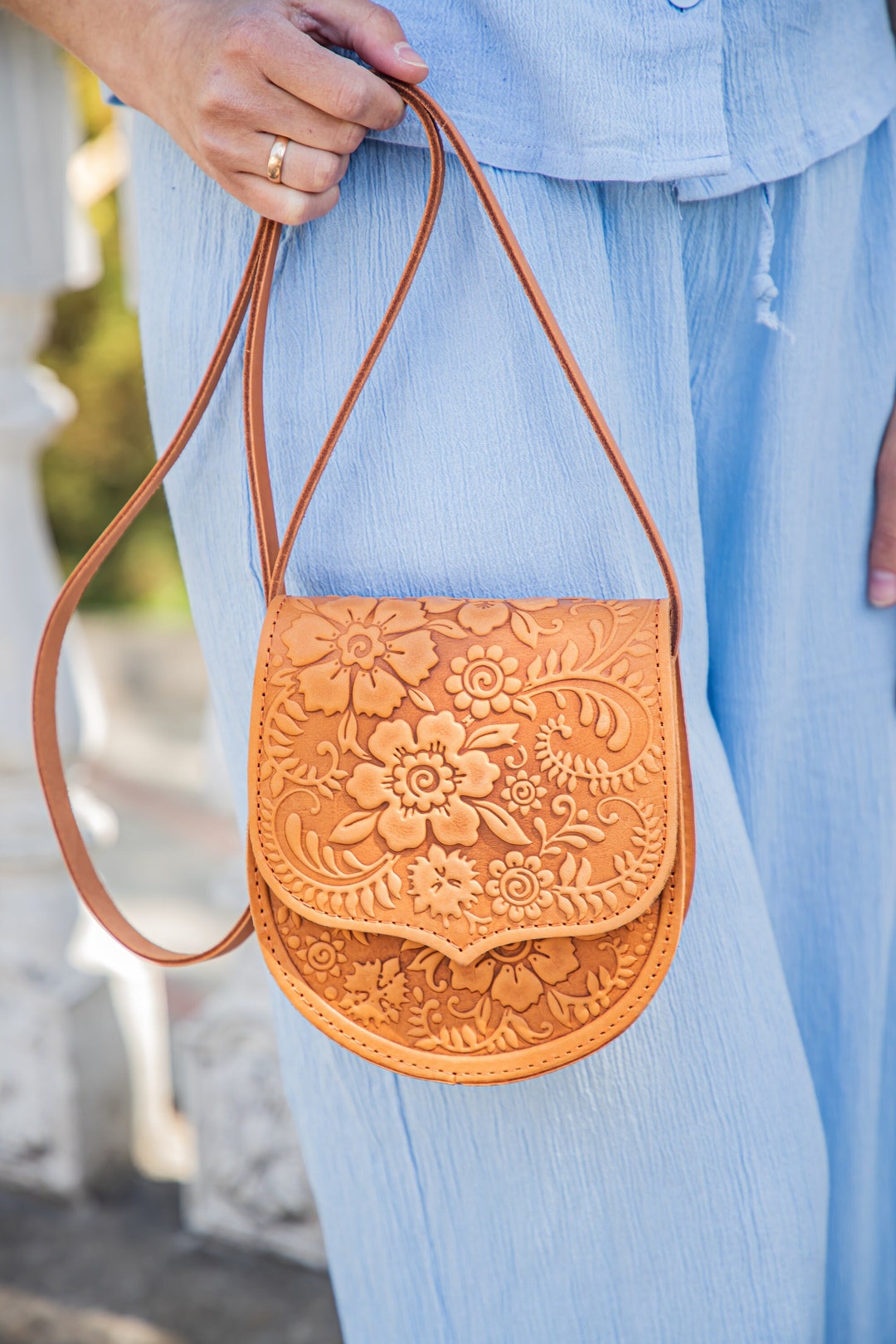 Embossed Leather Crossbody Bag: Handcrafted Floral Shoulder Bag - Etsy