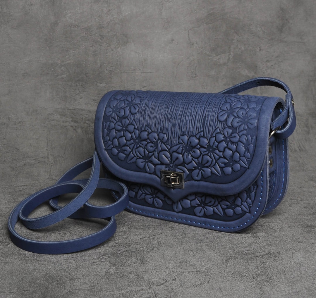 Blue Shoulder Bag, Blue Leather Mini Purse, Embossed Leather Crossbody ...