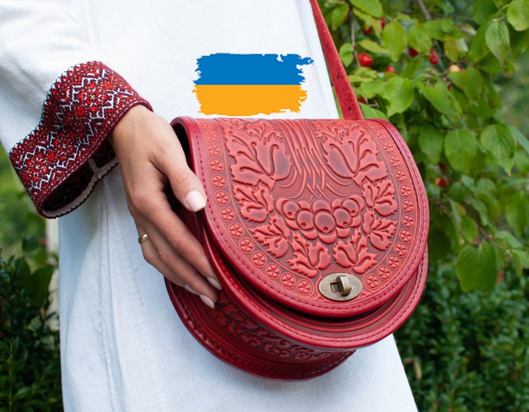 Embossed Red Leather Crossbody Bag: Tooled Round Shoulder Purse - Etsy