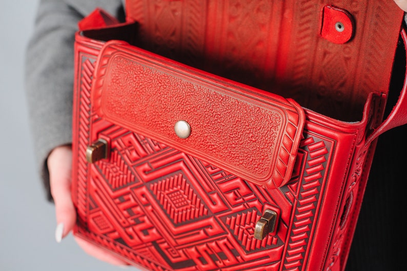 Red Leather Satchel Bag Genuine Leather Bag Embossed Leather | Etsy
